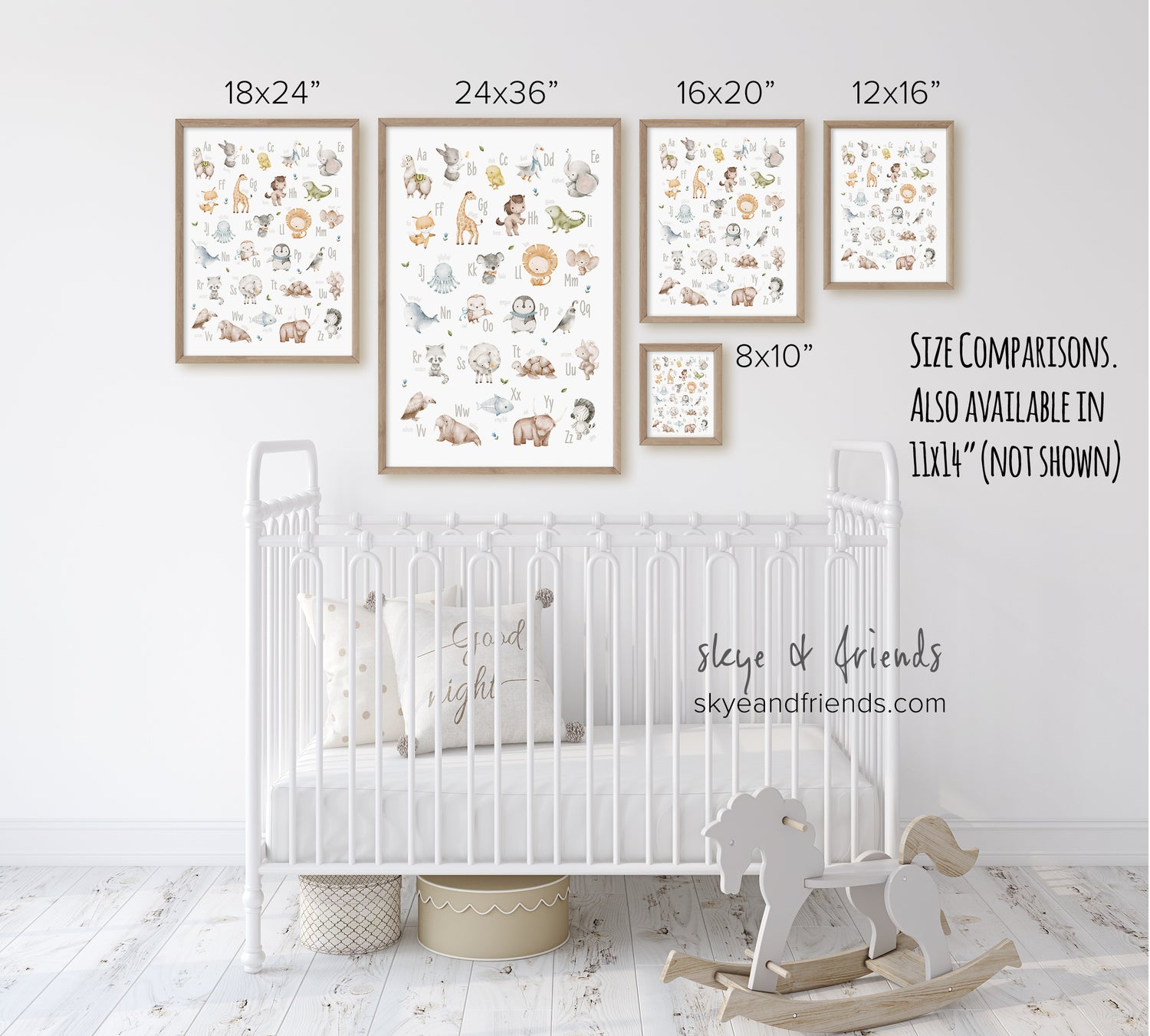 Watercolor Animal Alphabet Nursery Poster, Blue Florals