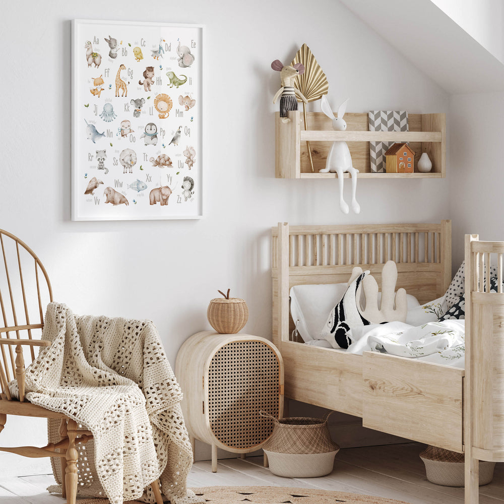 Watercolor Animal Alphabet Nursery Poster, Blue Florals