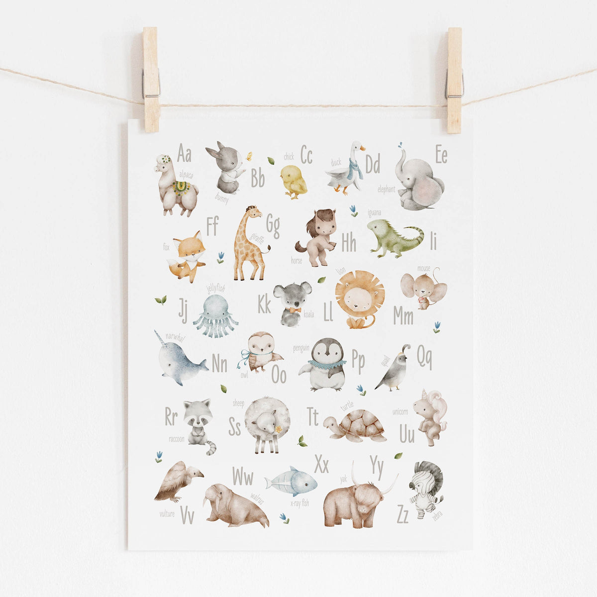 Watercolor Animal Alphabet Nursery Poster, Blue Florals