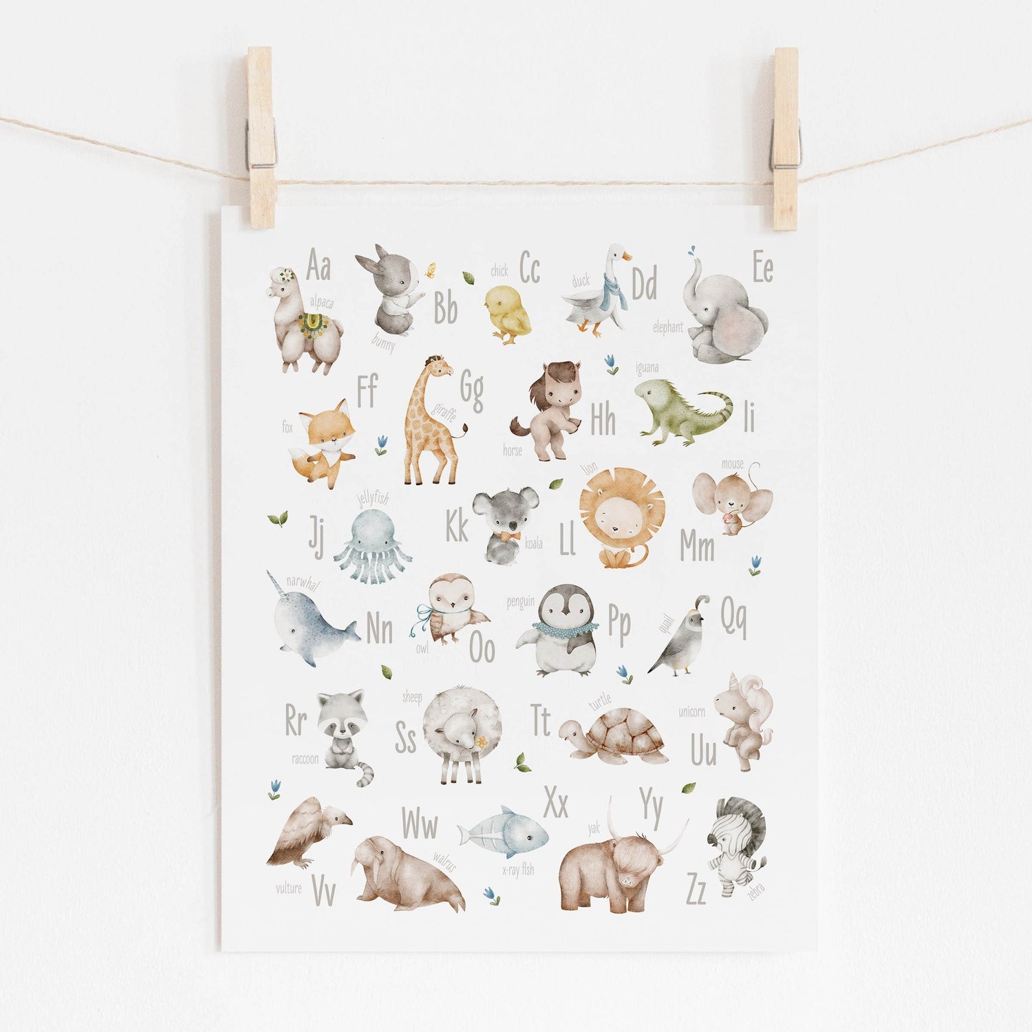 Watercolor Animal Alphabet Nursery Poster, Blue Florals